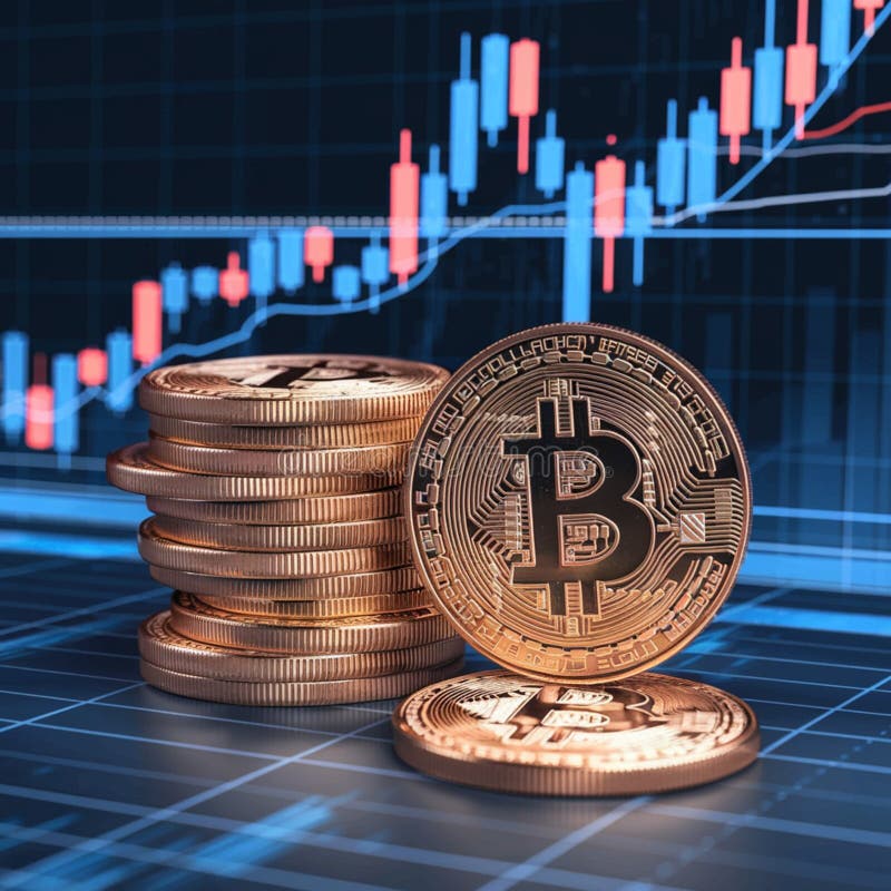 Stack of Bitcoin Coins with Blue Red Candlestick Chart in Digital ...