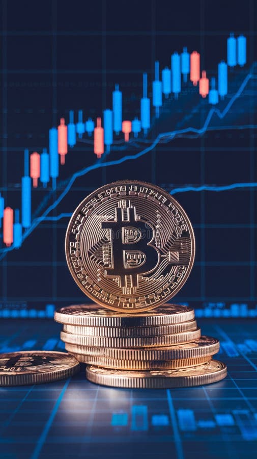 Stack of Bitcoin Coins with Blue Red Candlestick Chart in Digital ...