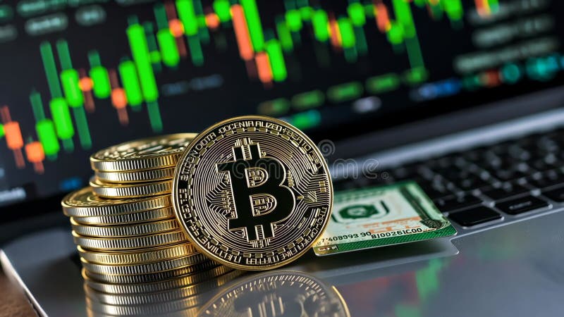 A Stack of Bitcoin Coins Placed in Front of a Laptop Displaying a ...