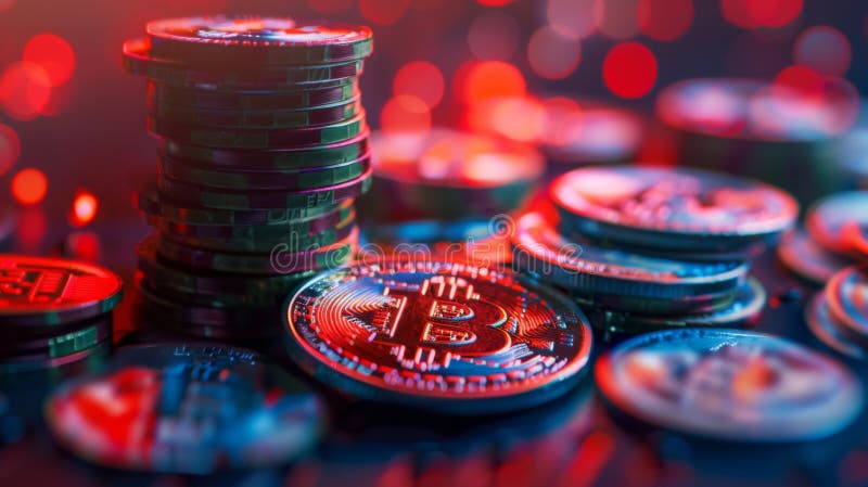 Stack of Bitcoin Tokens Against a Blurry Digital Backdrop Stock Photo ...