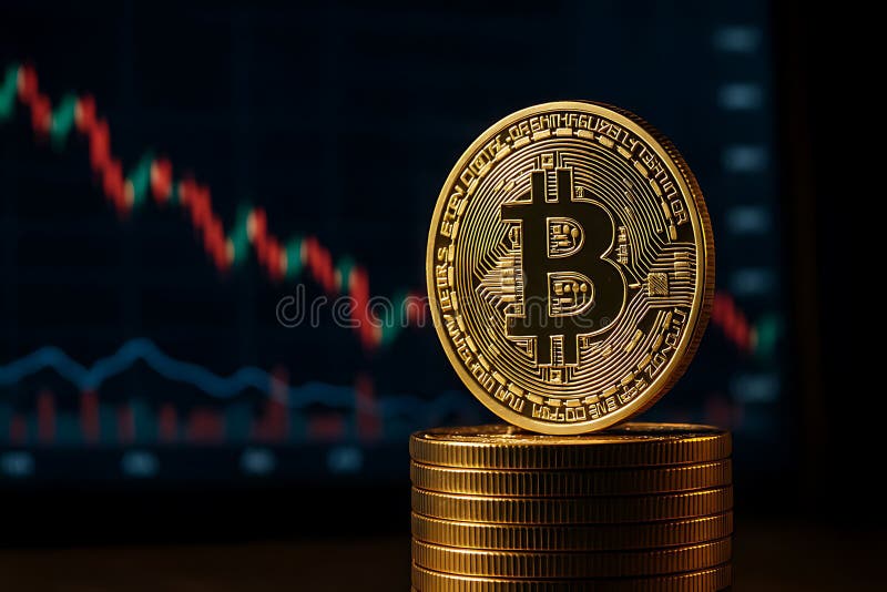 A Stack of Bitcoins with a Blurred Stock Chart Monitor Screen in the ...