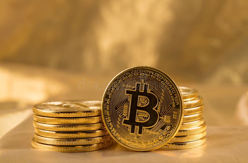 Stack of Bitcoins with Gold Background Stock Photo - Image of gold ...