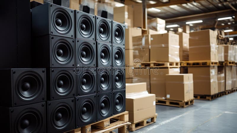 Stack of Black Audio Speakers in a Warehouse with Shipping Boxes Stock ...