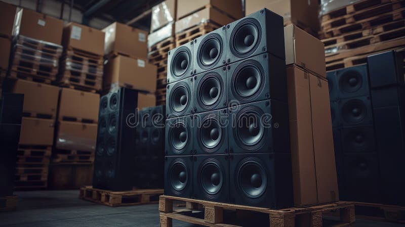 Stack of Black Audio Speakers in a Warehouse with Shipping Boxes Stock ...