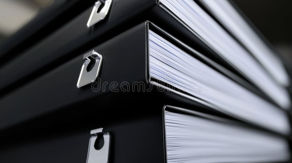 A Stack of Black Binders with Silver Clasps. Stock Photo - Image of ...
