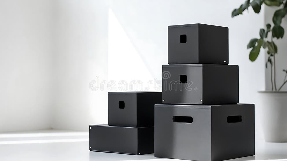 A Stack of Black Boxes with a White Background Stock Photo - Image of ...