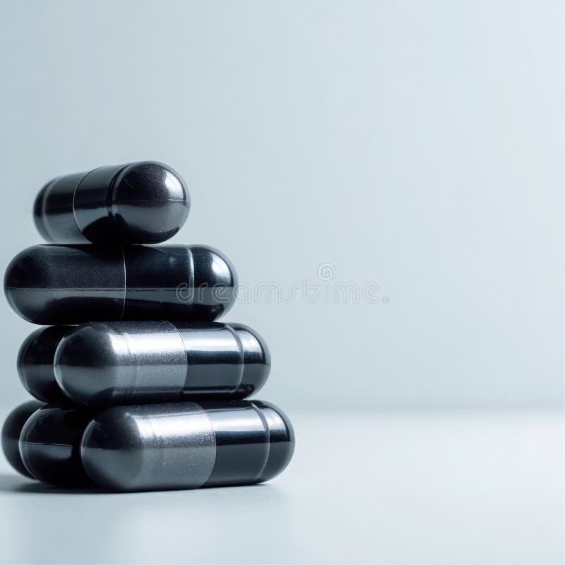 Stack of Black Capsules Against Gray Backdrop Suggesting Medication or ...