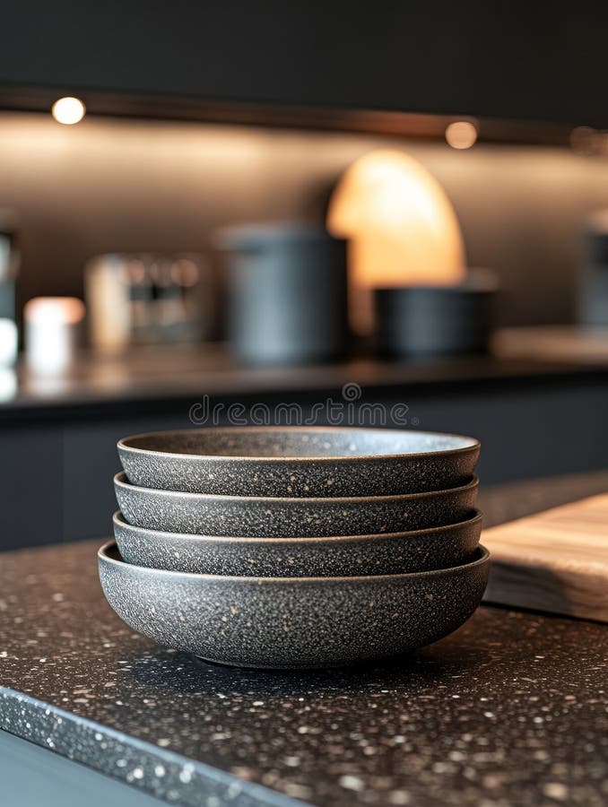 Stack of Black Ceramic Bowls on a Modern Kitchen Counter. Stock Photo ...