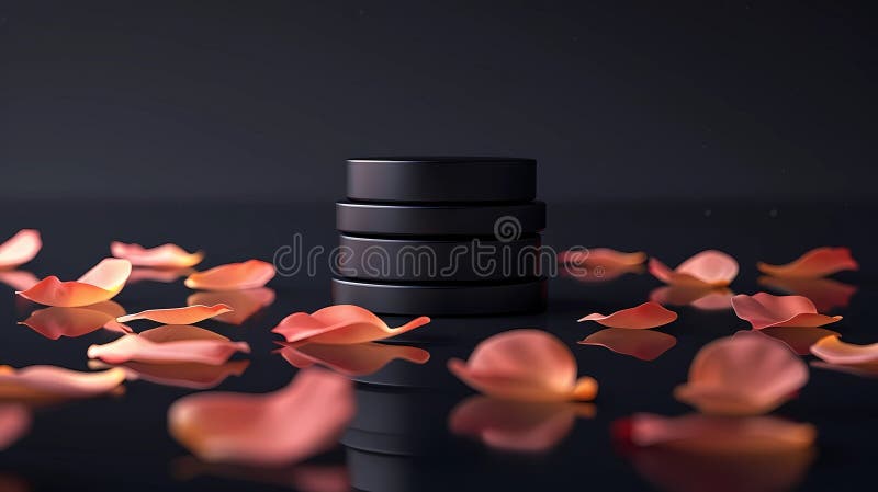 Stack of Black Disks with Rose Petals on Black Background, Generative ...