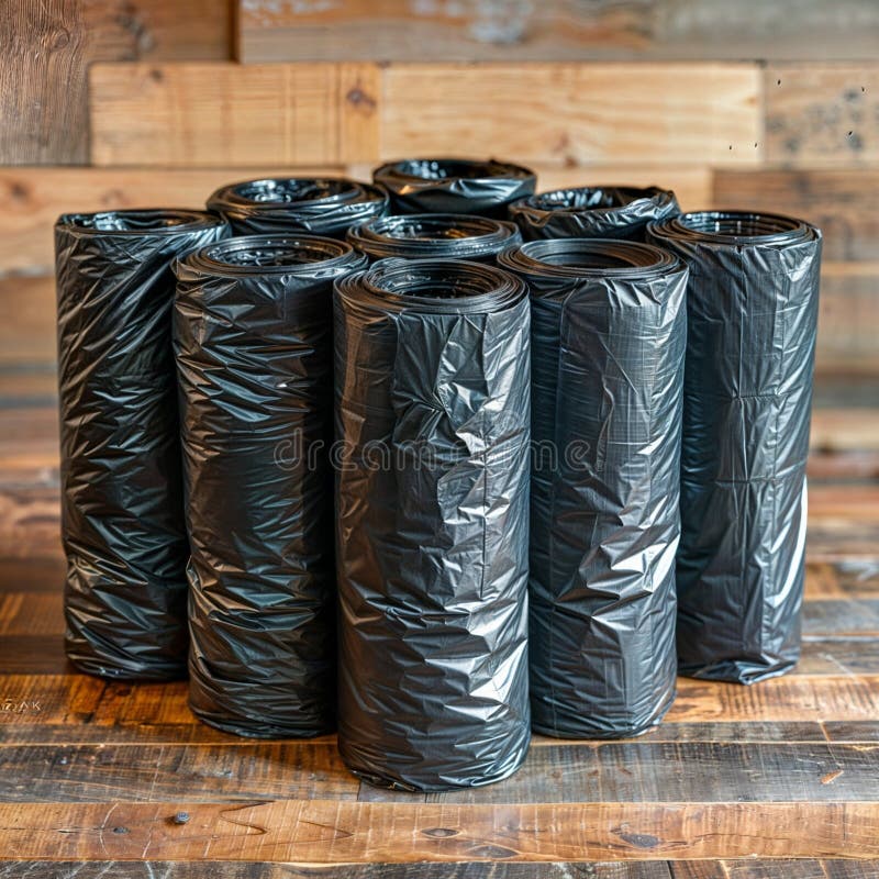 Stack of Black Garbage Bags on a Wooden Table, AI-generated. Stock ...