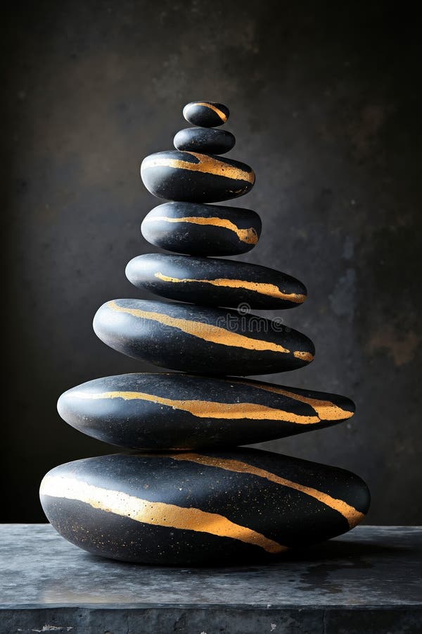 A Stack of Black and Gold Painted Rocks on a Table Stock Photo - Image ...