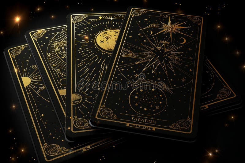 A Stack of Black and Gold Tarot Cards on a Wooden Table Stock Image ...