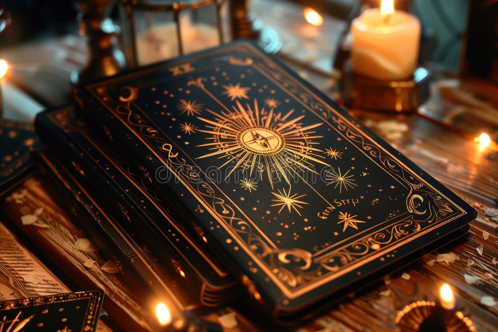 A Stack of Black and Gold Tarot Cards on a Wooden Table Stock Image ...