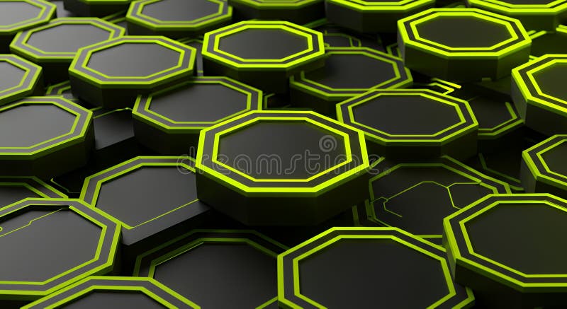 Stack of Black Octagonal Blocks with Green Edges for Tech Background ...