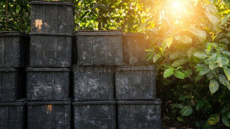 A Stack of Black Plastic Storage Containers. Stock Photo - Image of ...