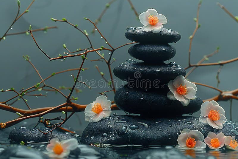 A Stack of Black Rocks with Spa Flower Surrounded, High Quality, High ...