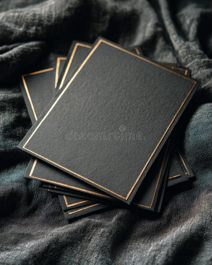 A Stack of Black, Textured Invitation Cards with Gold Borders on a Dark ...