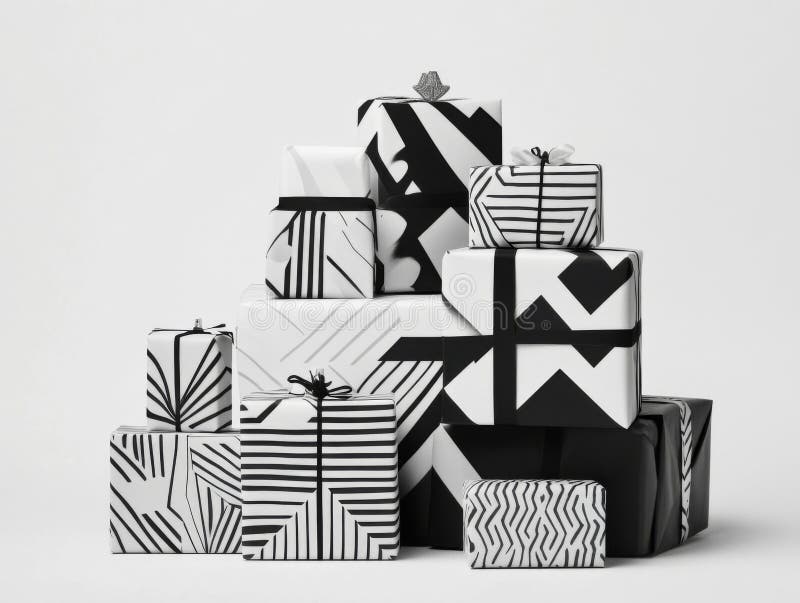 Stack of Black and White Geometric Patterned Gift Boxes Stock ...