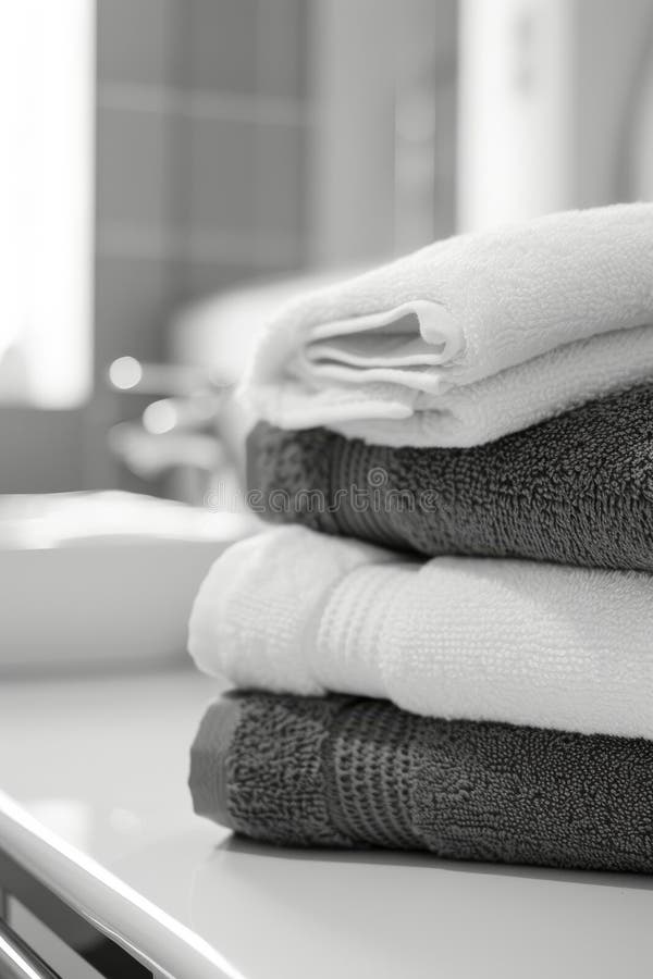 A Stack of Black and White Towels Lies on a Wooden Surface Stock Image ...