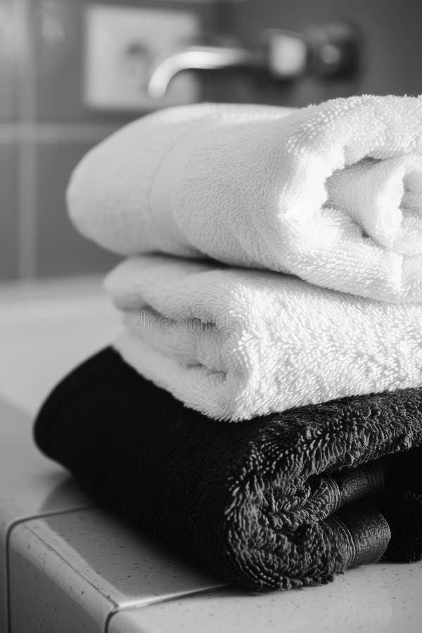 A Stack of Black and White Towels Lies on a Wooden Surface Stock Photo ...