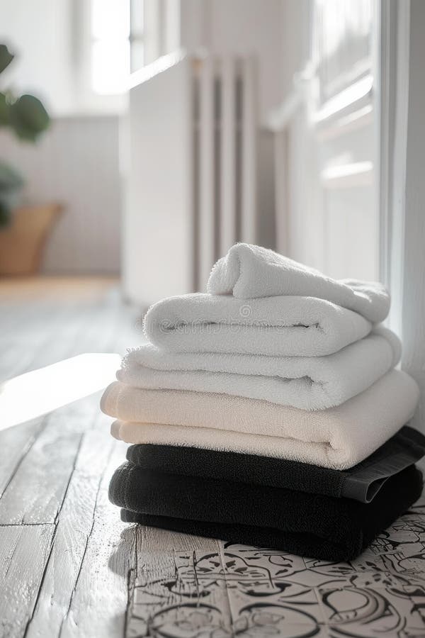 A Stack of Black and White Towels Lies on a Wooden Surface Stock Photo ...