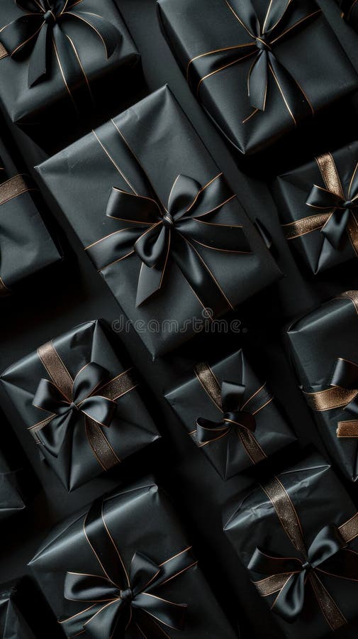 Stack of Black Wrapped Presents Stock Photo - Image of trendy, ribbon ...