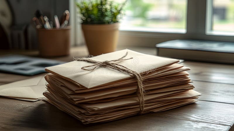 A Stack of Blank Envelopes Tied with Twine, Placed on a Clean Wooden ...