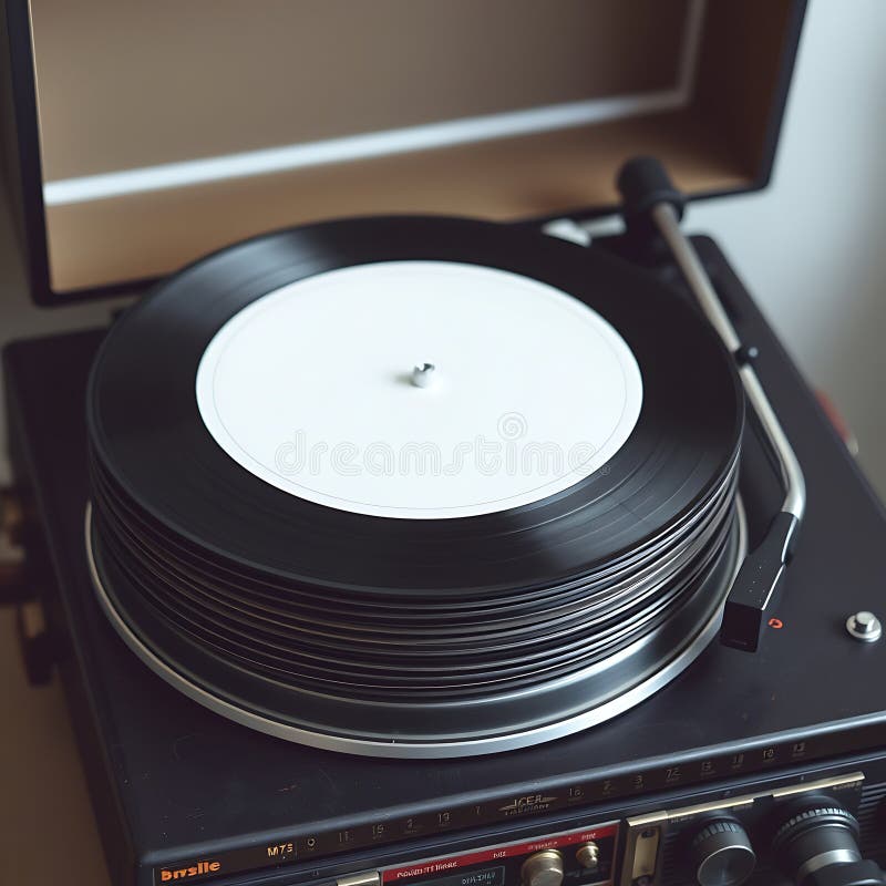 A Stack of Blank Vinyl Records on a Vintage Record Player Stock ...