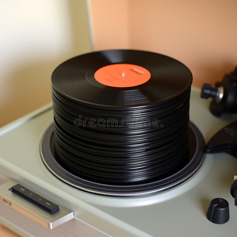 A Stack of Blank Vinyl Records on a Vintage Record Player Stock ...