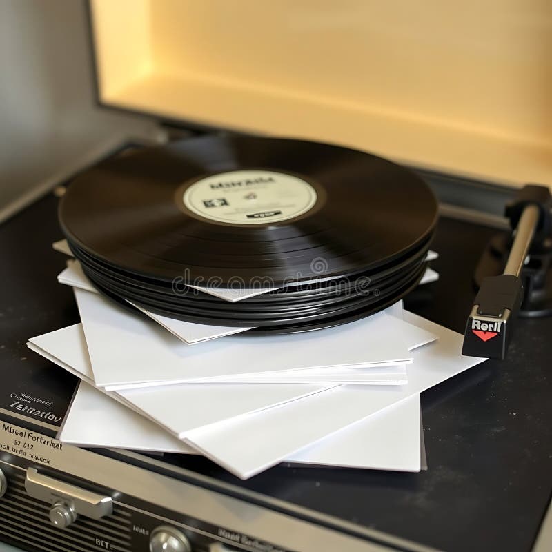 A Stack of Blank Vinyl Records on a Vintage Record Player Stock ...