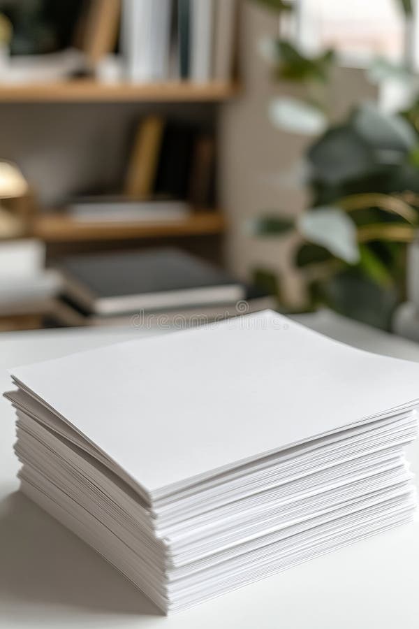 Stack of Blank White Paper Sheets on a Desk in a Modern Office Setting ...