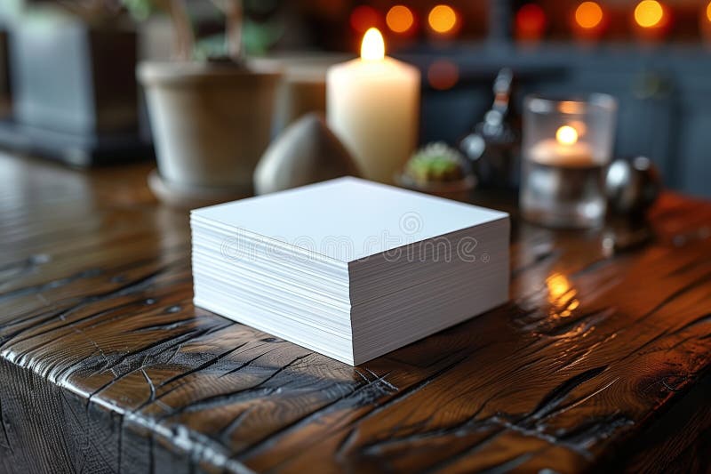 Stack of White Paper on Rustic Wooden Table with Candlelight Stock ...