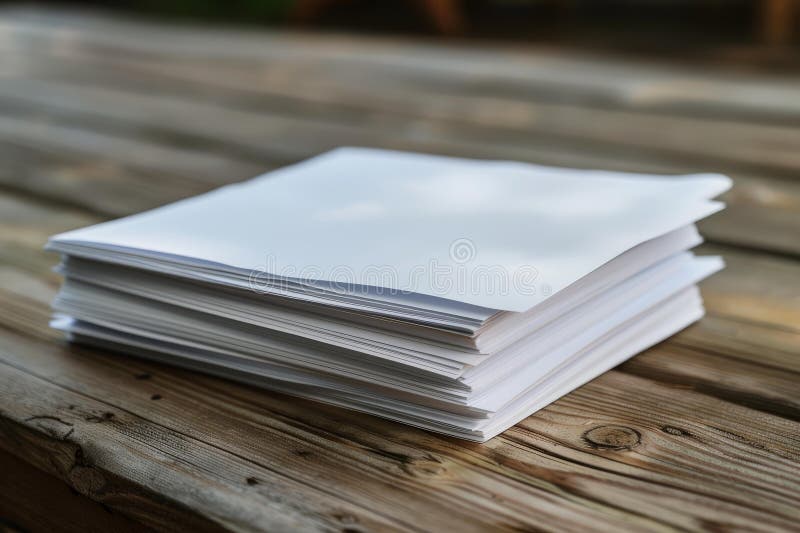 Stack of Blank White Paper Sitting on Rustic Wooden Table Stock Photo ...