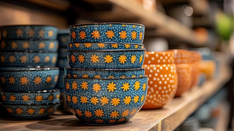 Stack of Blue Bowls with Orange Flowers Illustration Stock Illustration ...