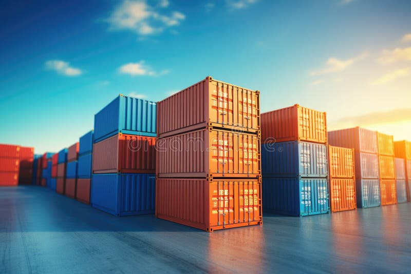 Stack of Blue Container Boxes with Sky Background. Cargo Freight ...