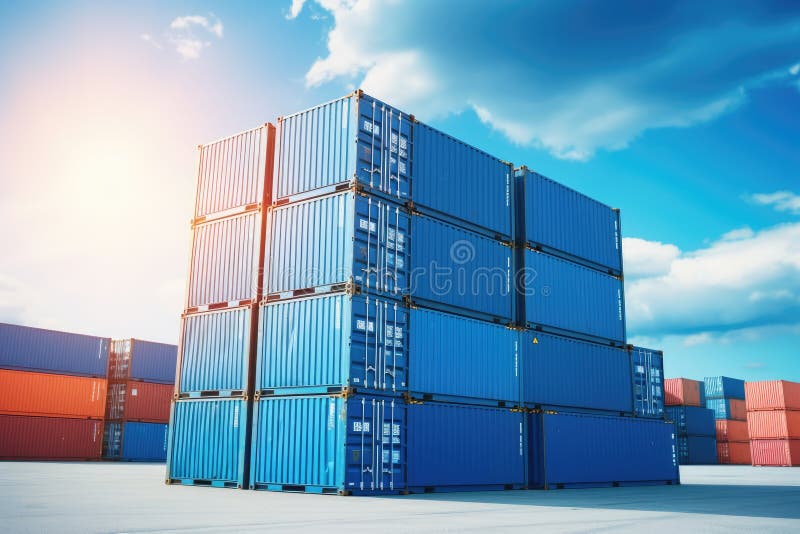 Stack of Blue Container Boxes with Sky Background. Cargo Freight ...