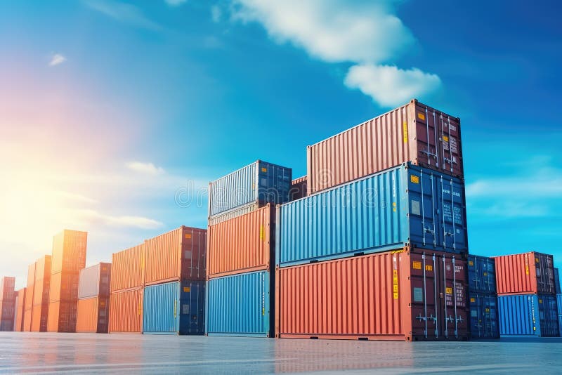 Stack of Blue Container Boxes with Sky Background. Cargo Freight ...