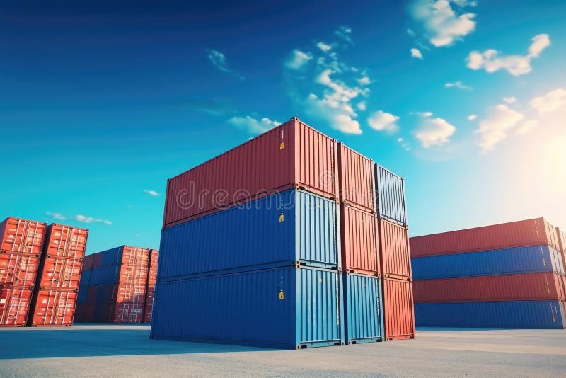 Stack of Blue Container Boxes with Sky Background. Cargo Freight ...