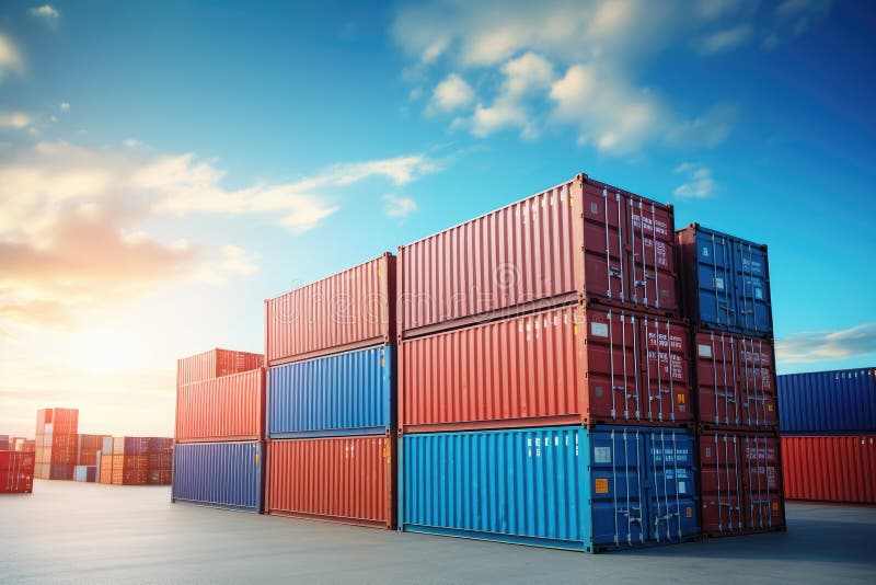 Stack of Blue Container Boxes with Sky Background. Cargo Freight ...