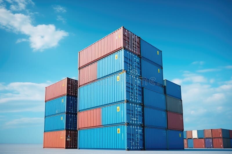 Stack of Blue Container Boxes with Sky Background. Cargo Freight ...