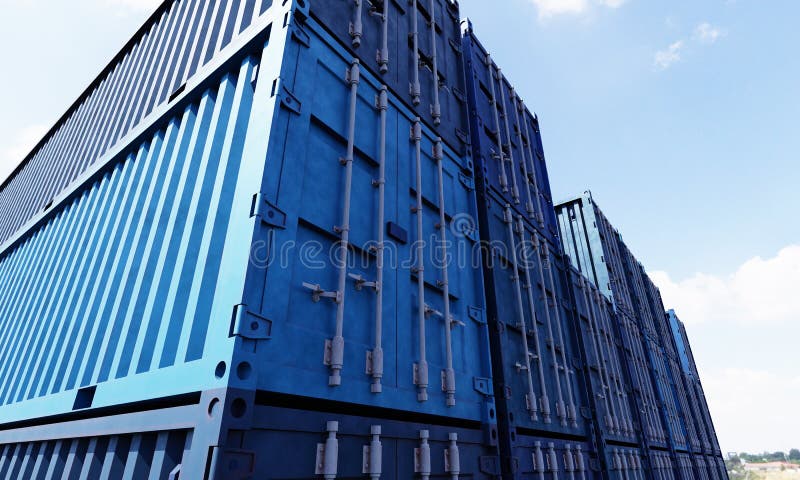 Stack of Blue Container Boxes with Sky Background. Cargo Freight ...