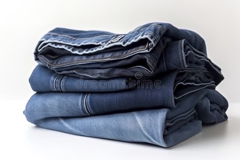 Stack of Blue Denim Clothes on White Background, Jeans and Jacket Stock ...