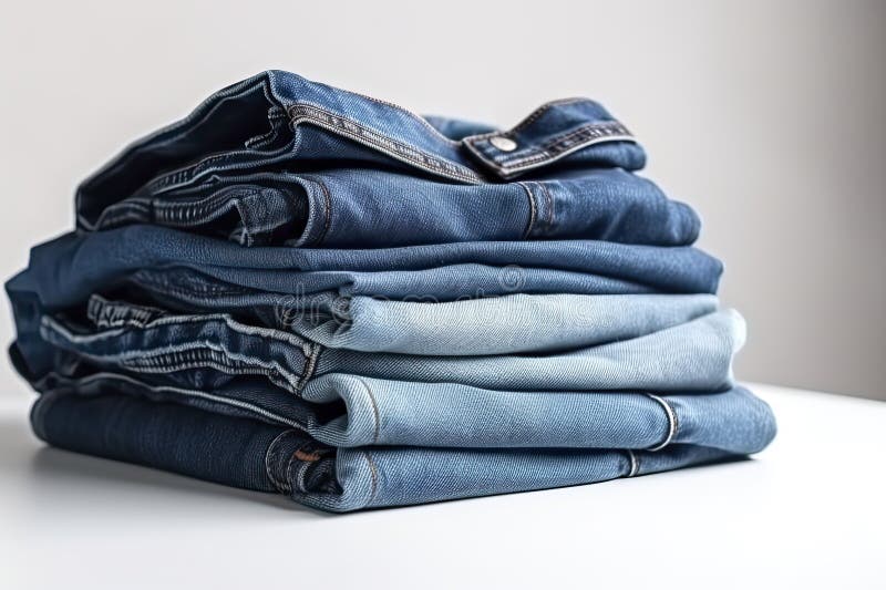 Stack of Blue Denim Clothes on White Background, Jeans and Jacket Stock ...