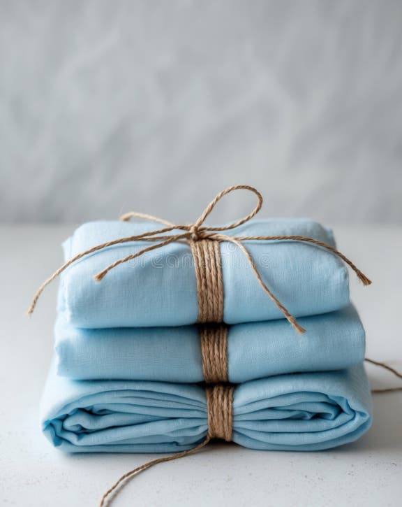 Stack of Blue Fabric Bundles with Natural Twine Stock Photo - Image of ...