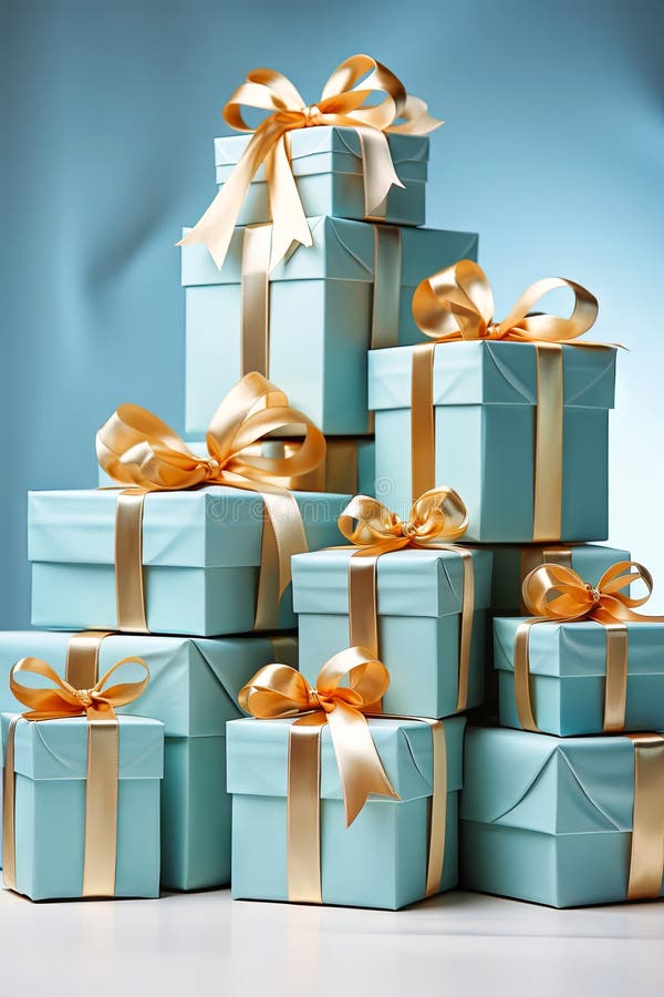 Stack of Blue Gift Boxes with Gold Bows Stock Image - Image of bows ...