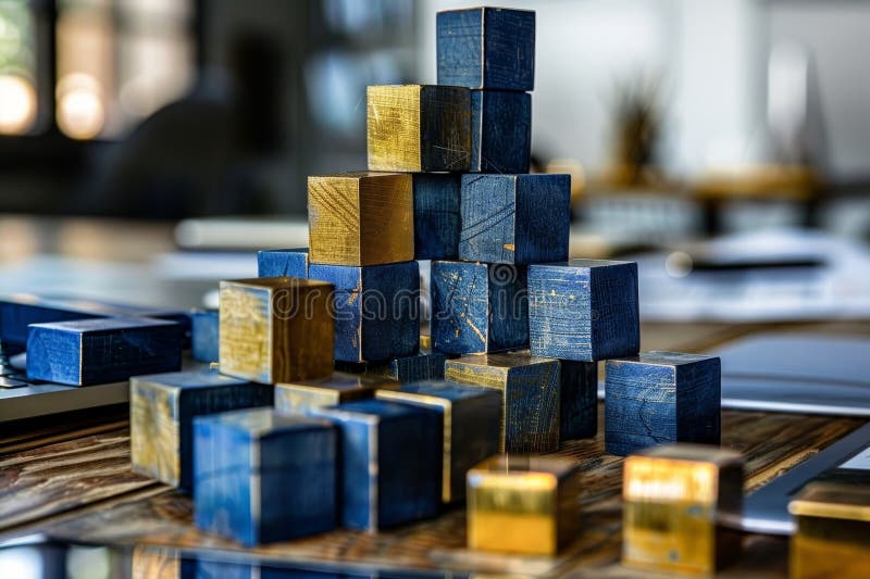 Stack of Blue and Gold Blocks on Desk. Generative AI Stock Illustration ...