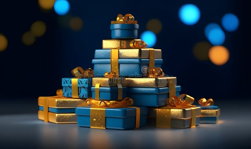 A Stack of Blue and Gold Gift Boxes. Gift Packages. Generative AI Stock ...
