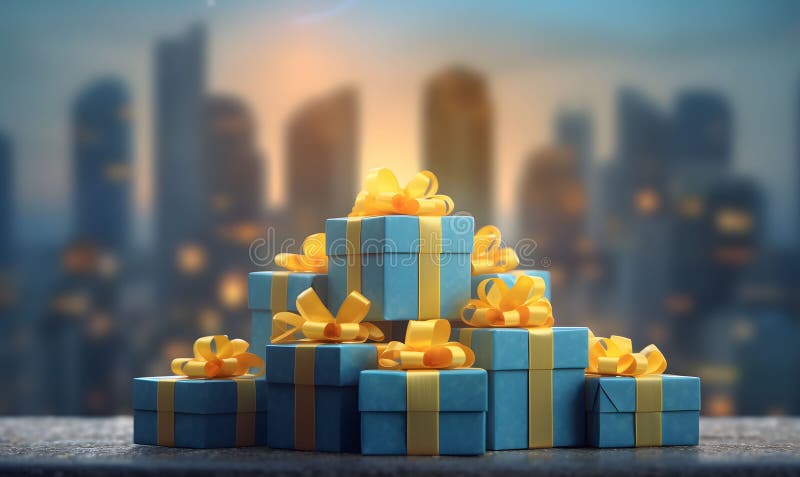 A Stack of Blue and Gold Gift Boxes. Gift Packages. Generative AI Stock ...