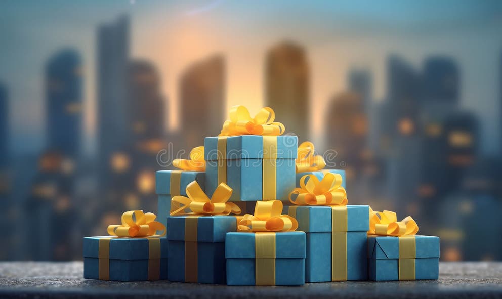 A Stack of Blue and Gold Gift Boxes. Gift Packages. Generative AI Stock ...
