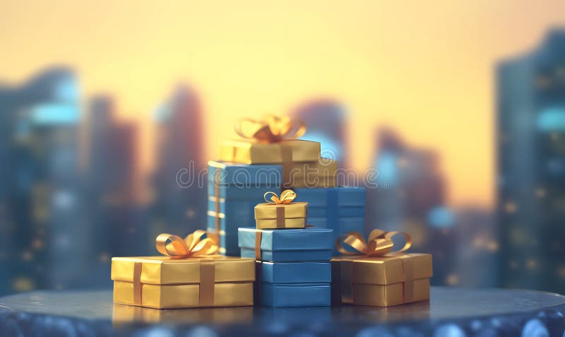 A Stack of Blue and Gold Gift Boxes. Gift Packages. Generative AI Stock ...